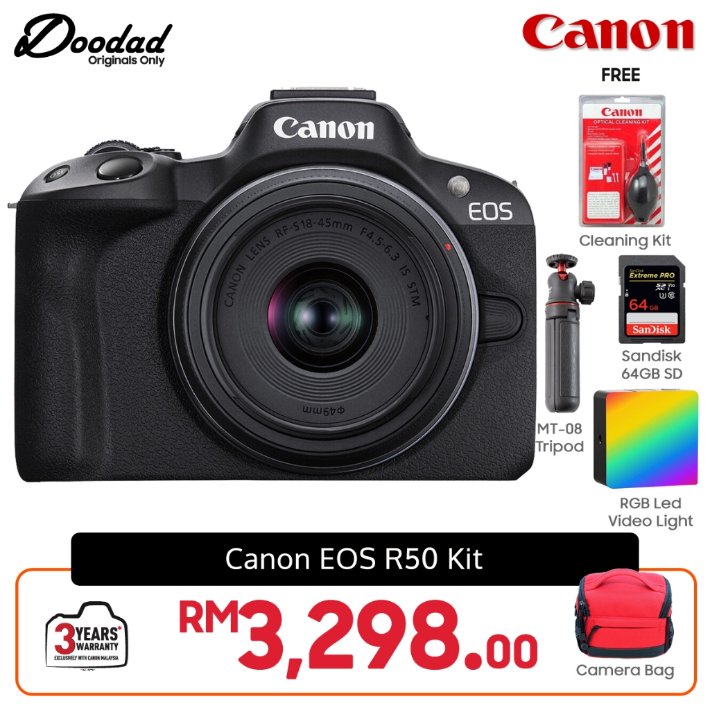 Canon EOS R50 Kit RF-S18-45mm f/4.5-6.3 IS STM + Bag + 64GB + Cleaning ...