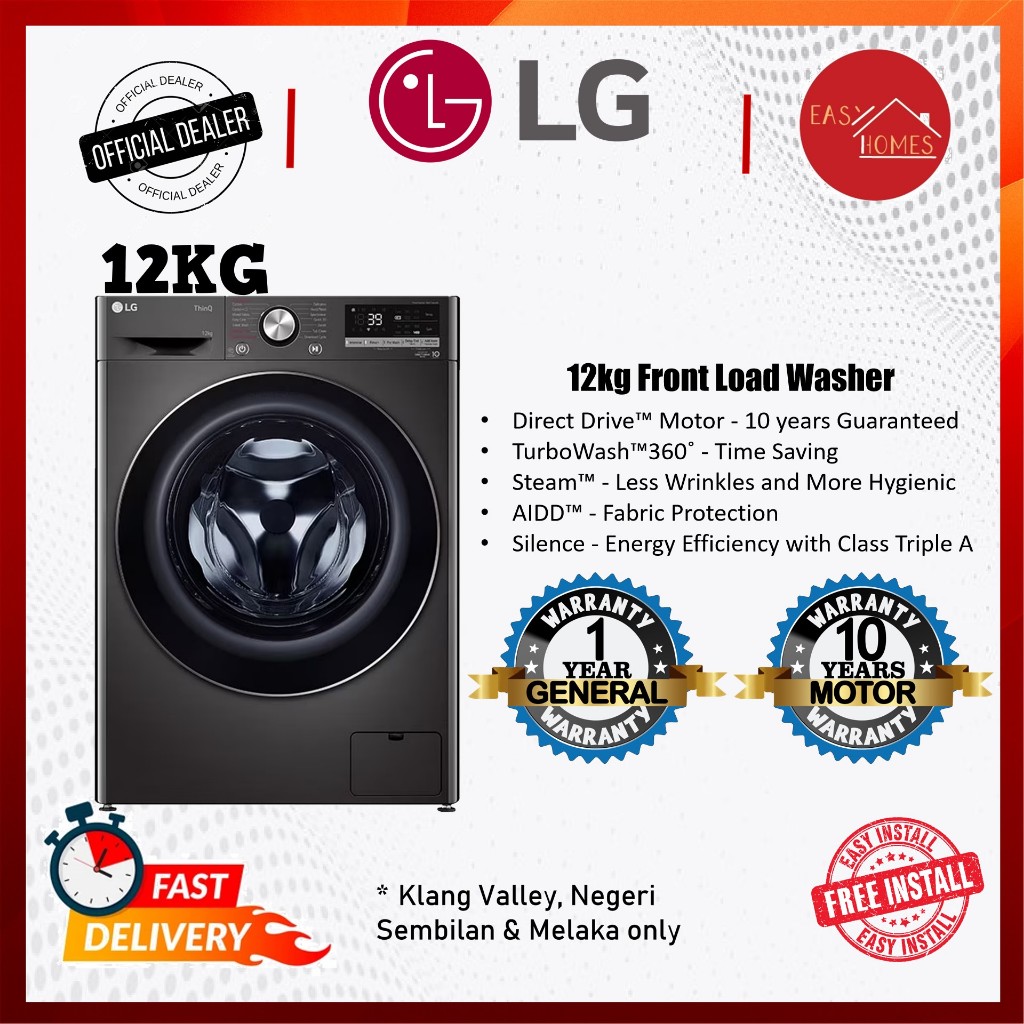 LG 12kg Front Load Washer FV1412S3B with AI Direct Drive and TurboWash 360 Washing Machine Mesin ...
