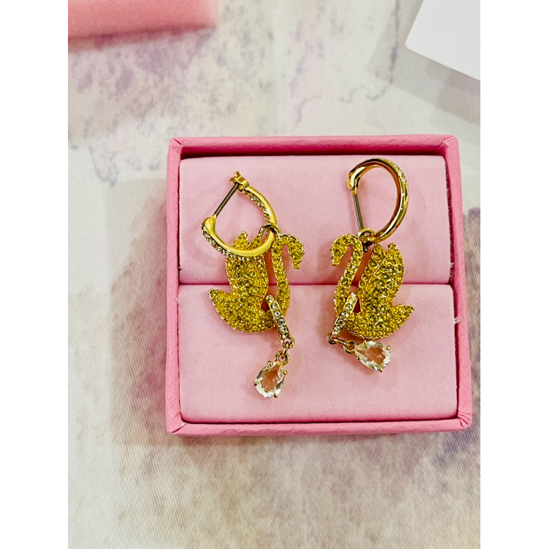 Swarovski Iconic Swan Drop Earrings Swan Yellow Gold Tone Plated Pre
