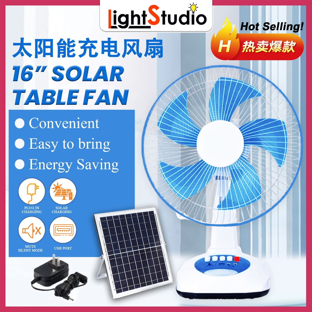16 Inch Solar Rechargeable Table Fan with LED Lighting and USB Port ...