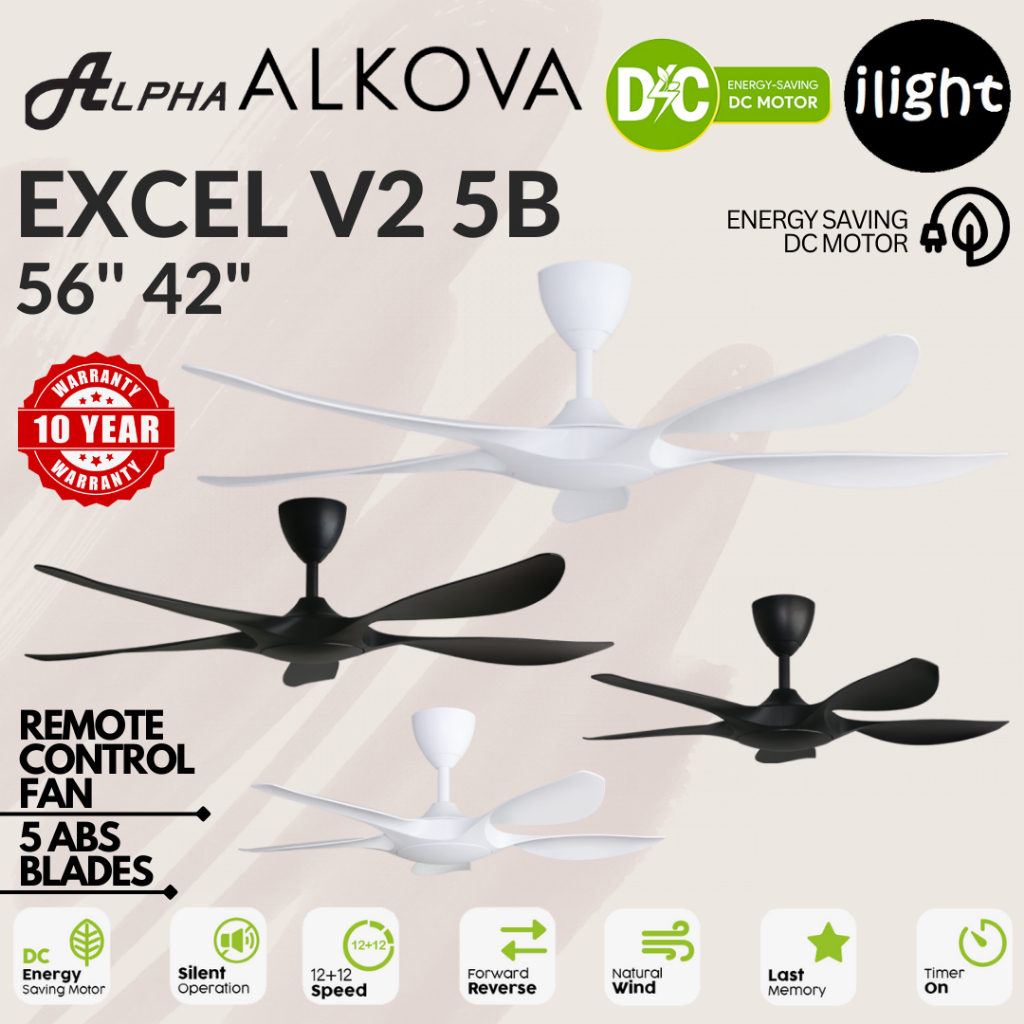 Alpha Fan Excel V2 56 42 Inches DC Motor 5 ABS Blade 12 RF Speed Remote ...