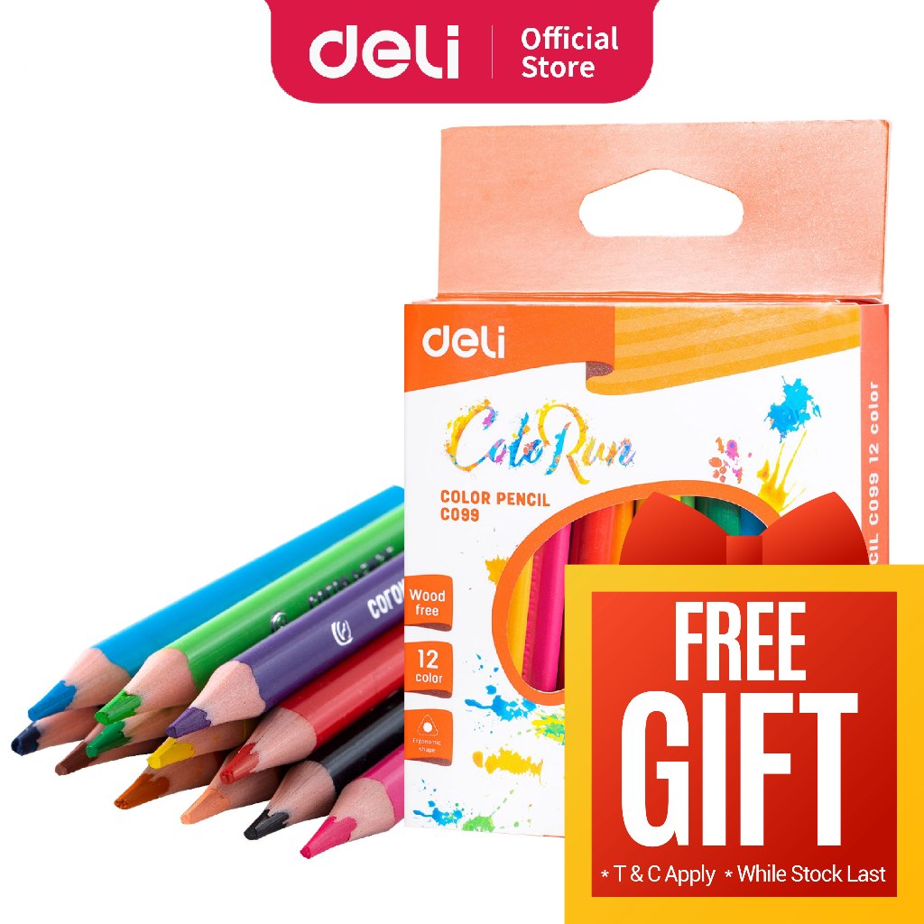 Deli Colour Pencil Set Pensel Warna Light Wood Free Triangle Grip (12 ...