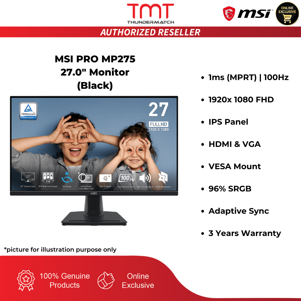 MSI PRO MP275 27.0" Monitor (Black) | 1ms(MPRT) | 100Hz | 1920x1080 FHD ...