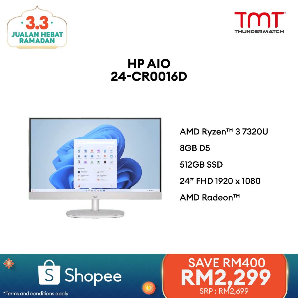 HP All in One 24-cr0016d Deskstop | AMD Ryzen 3 7320U | 8GB RAM 512GB ...