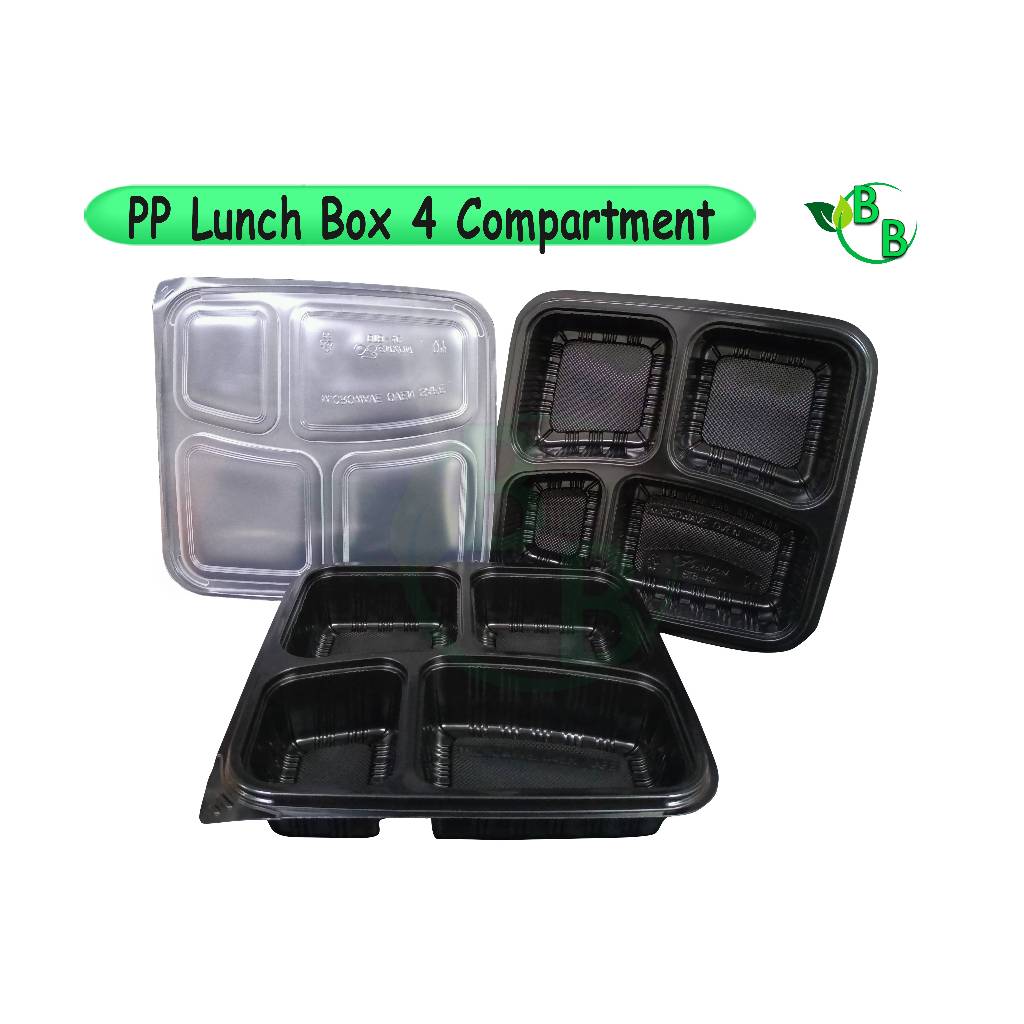 4 Compartment PP Lunch Box Black with Lid /Disposable Plastic Food Box ...