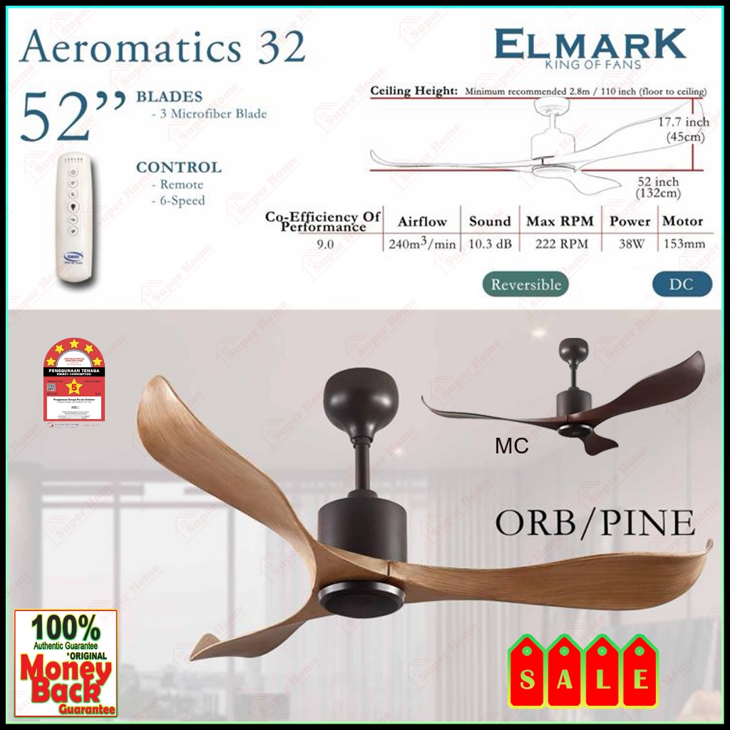 Elmark Ceiling Fan AEROMATICS 32 DC Motor 52 inches Remote Control ...