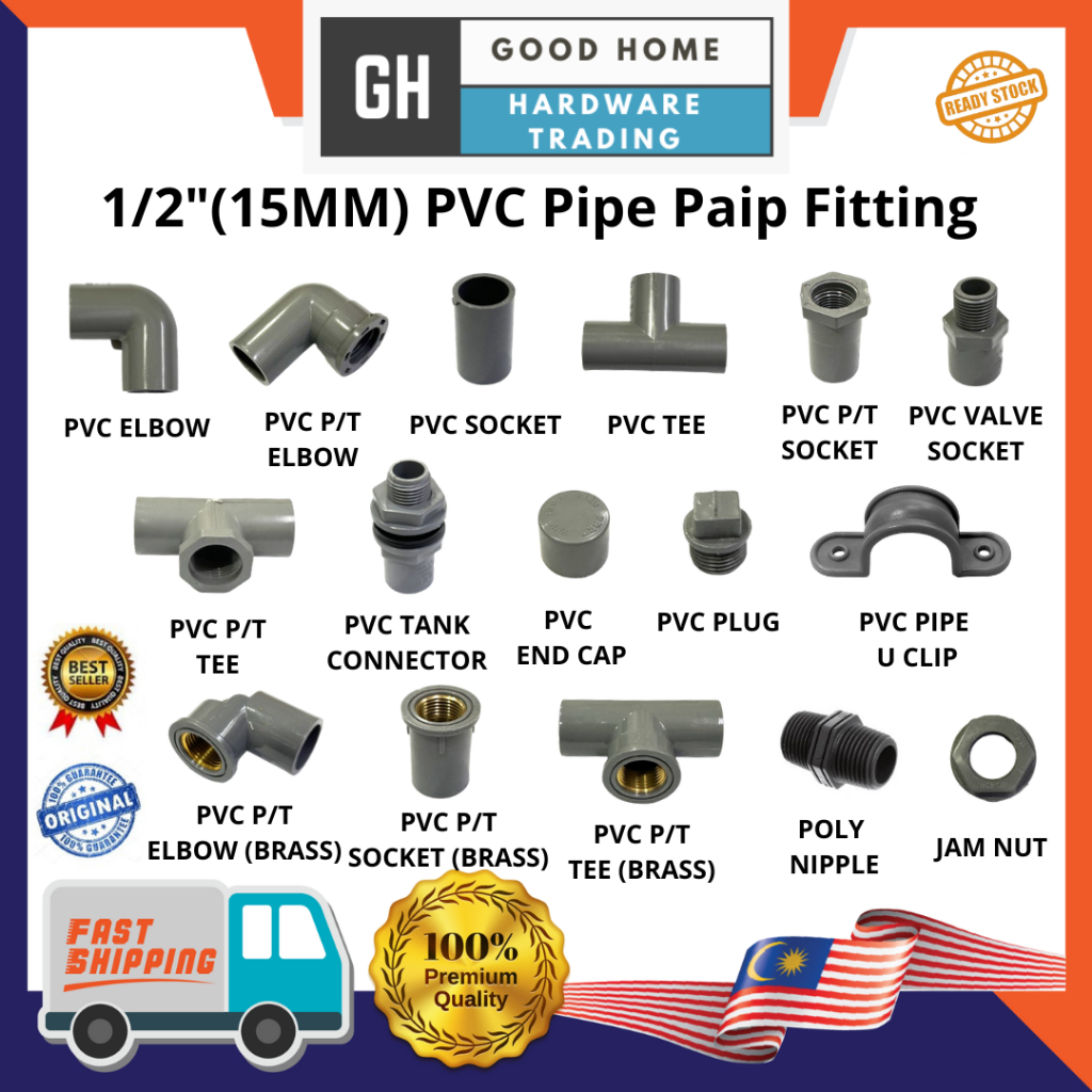 1/2" (15MM) PVC Pipe Paip Fitting (Elbow/Socket/Valve Socket/Tee/PT Socket/End Cap/Plug/Tank ...