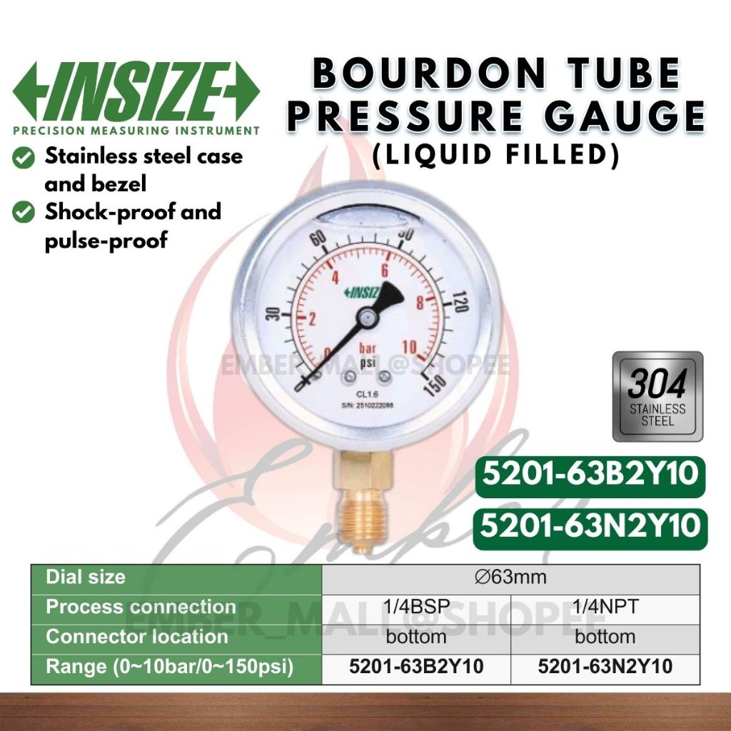 INSIZE Liquid Filled Bourdon Tube Pressure Gauge 5201-63B2Y10 5201 ...