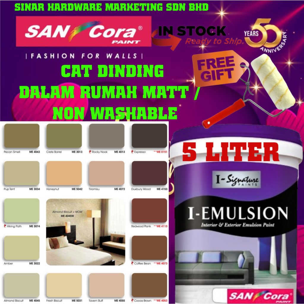 SINAR SANCORA I-EMULSION 5 LITER INTERIOR MATT WALL PAINT WARMTH NEUTRAL/ CAT DINDING DALAM ...