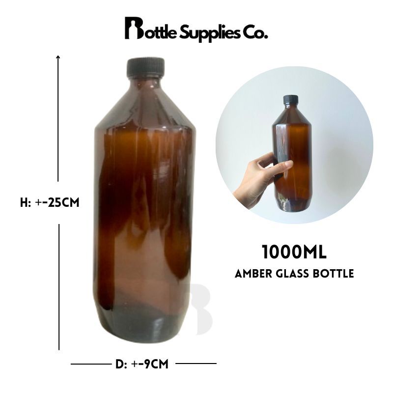 (1000ml/ 1lt) Amber Glass Bottles With Stopper Insert and Black Cap ...
