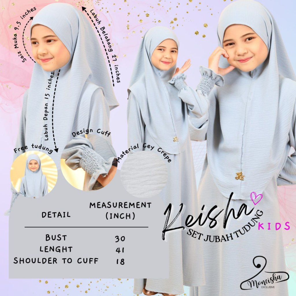 Keisha Set Jubah Tudung Kids | Kain Cey Crepe Ironless | With Free ...