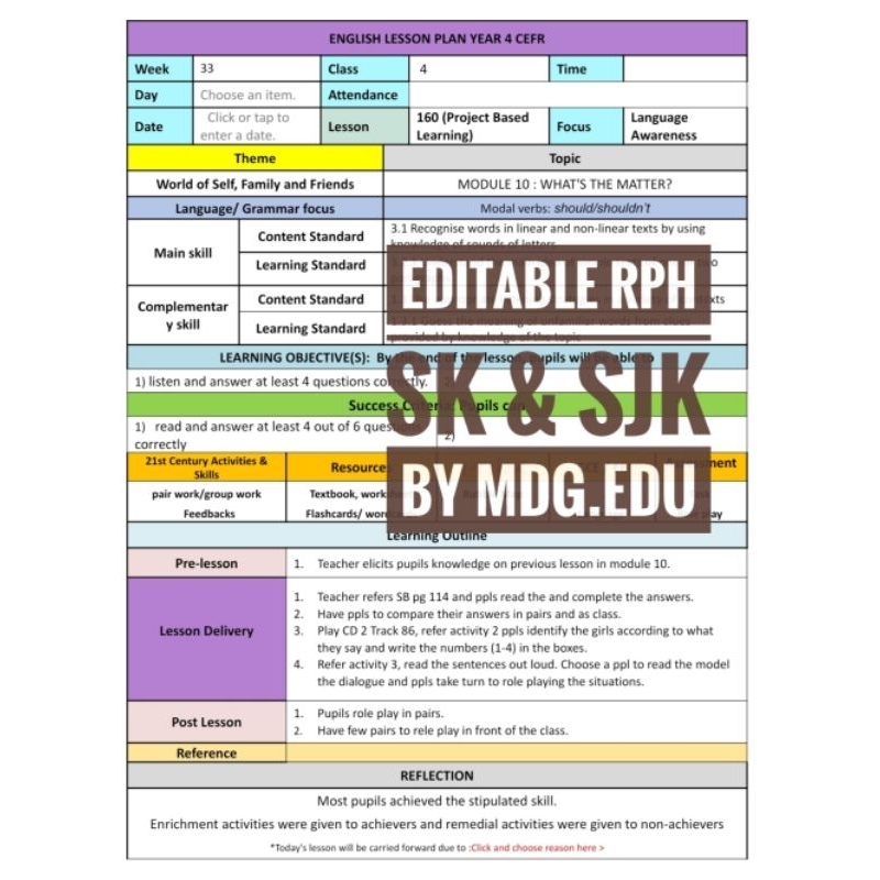 YEAR 4 RPH / LESSON PLAN BAHASA INGGERIS SK & SJK (SOFTCOPY) | Shopee ...
