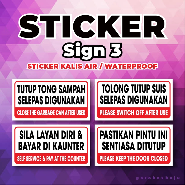 💜 Sticker Tong Sampah / Tutup Suis / Layan Diri / Tutup Pintu / Kalis ...