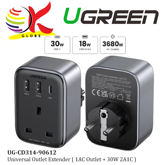 UGREEN UG-CD314-90612 PD30W 4 IN 1 ( 1 AC OUTLET + 30W 2A1C ) UNIVERSAL ...