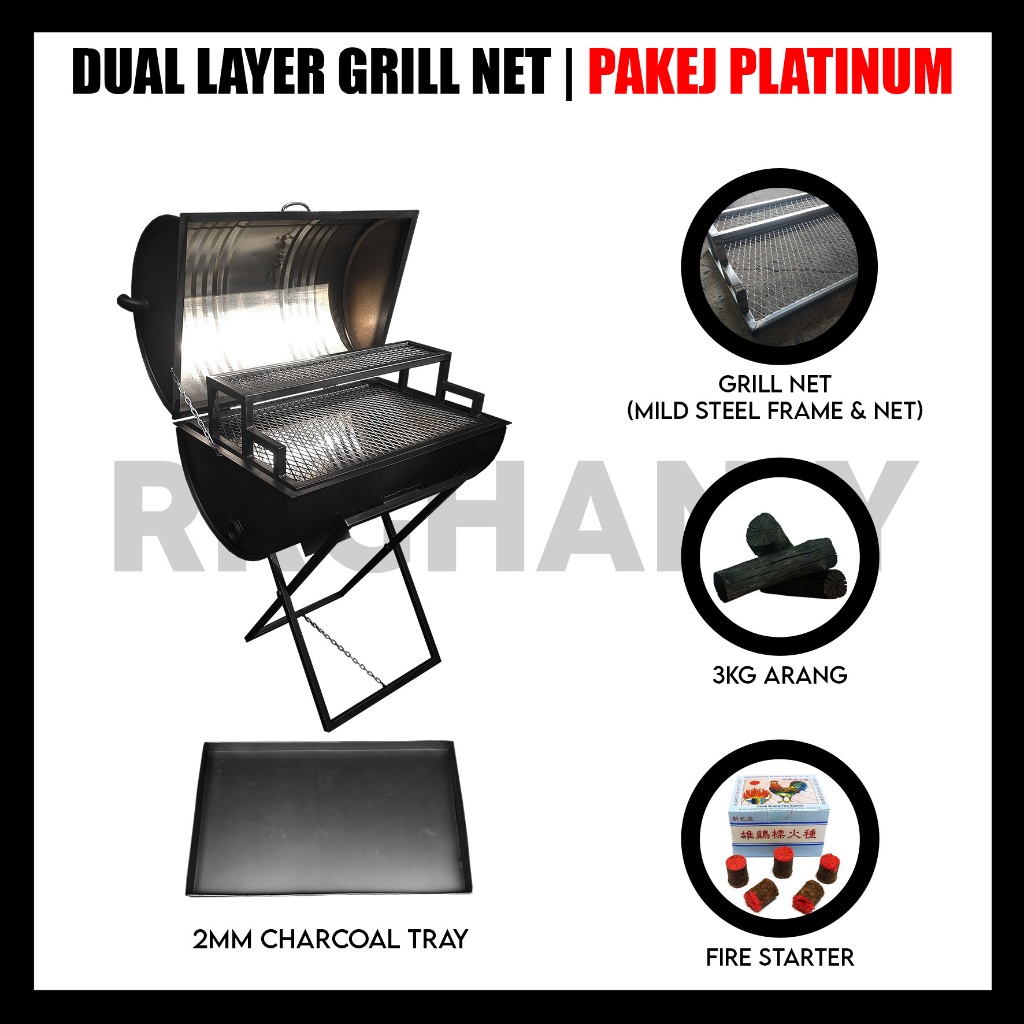 BBQ Grill Outdoor Drum Set Tong Drum 200L BBQ Set Complete With Double Layer Mild Steel Grill ...
