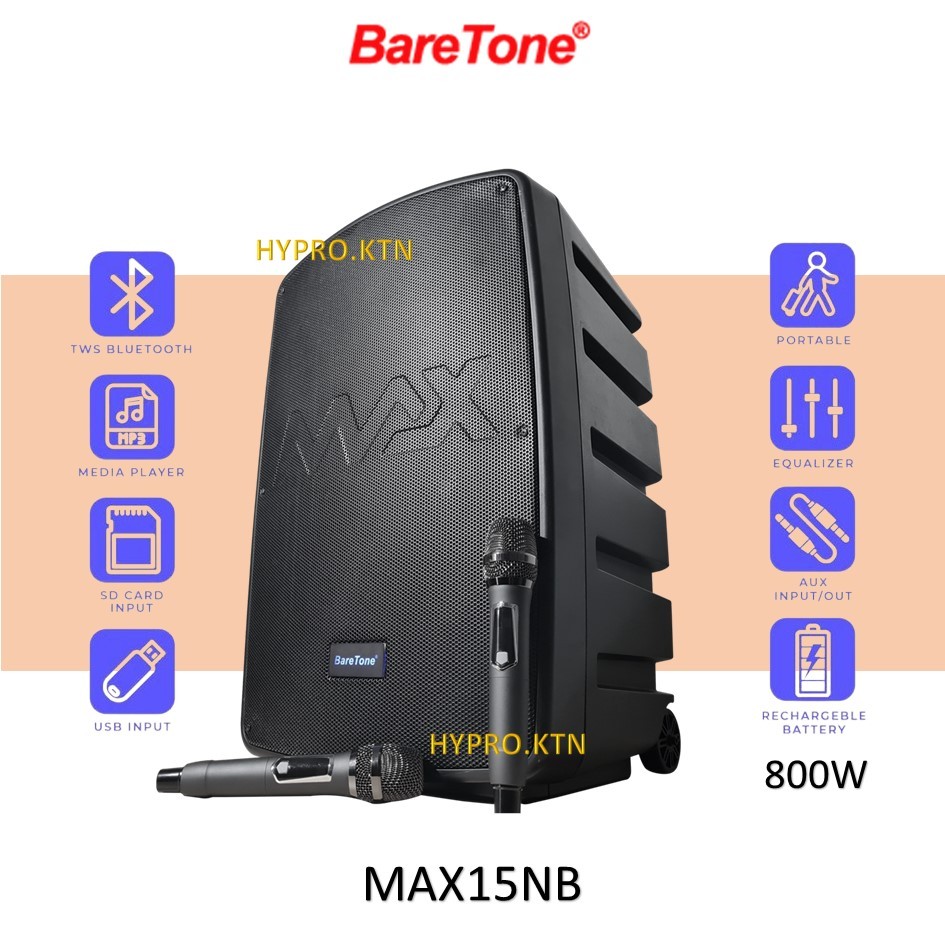 Baretone MAX-15NB / MAX15NB 15" Portable Speaker Bluetooth with Two UHF ...