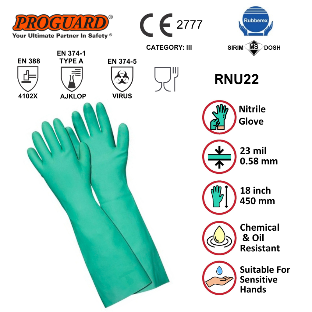 Rubberex 18" Reusable Nitrile Lining Green Rubber Glove Chemical ...