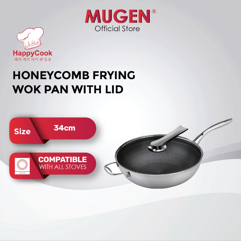 HappyCook Honeycomb Non Stick Frying Wok Pan With Lid (34cm) | Shopee ...