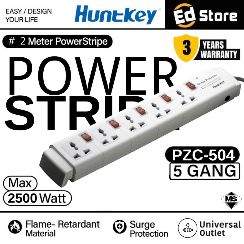 HUNTKEY PZC504 POWER STRIP SURGE PROTECTOR 5 PLUGS 2 METER EXTENSION ...