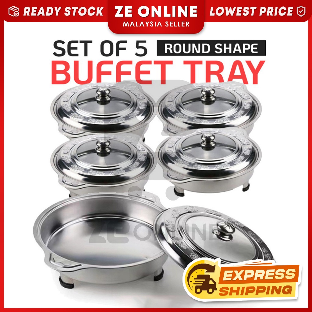 5 PCS Round Buffet Serving Tray Embossed Glass Stainless Steel Catering ...