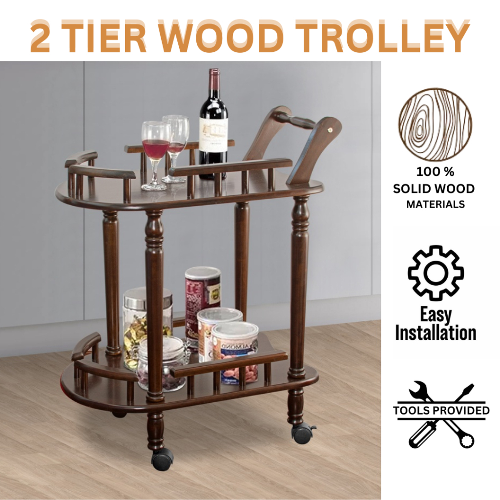 2 Tier Kitchen Wooden Food Cart Food Serving Trolley Troli Kayu Beroda ...