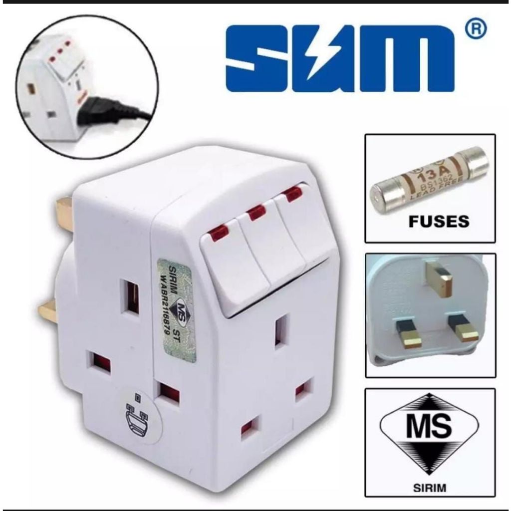 3 way 3 Pin Adapter with Neon Switch & Surge Protector_SUM 133N ...