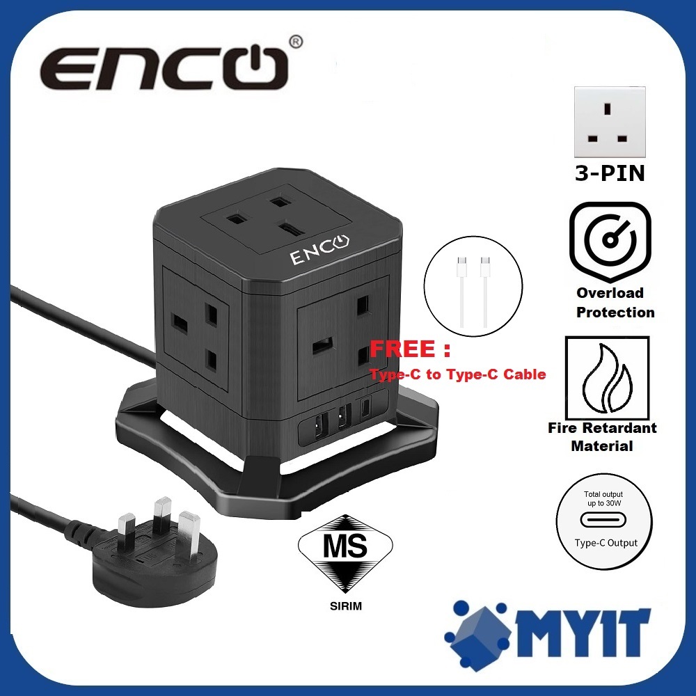 Enco (3U5K) Vertical Tower Cube Extension 2M 5 Way 2 USB-A Slots +1 USB ...
