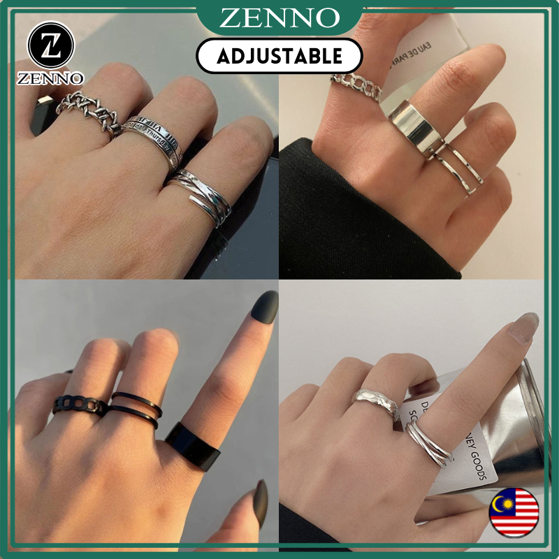 (3pcs/5pcs RING SET)Adjustable Simple Black Silver Ring Set Unisex ...