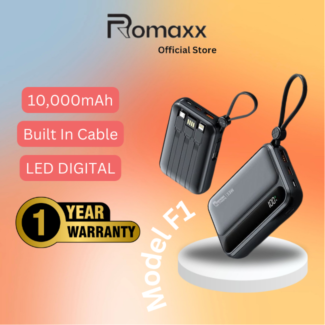 Romaxx F1 10000mAh 33W PD Fast Charging Power Bank Built in Cables iph ...