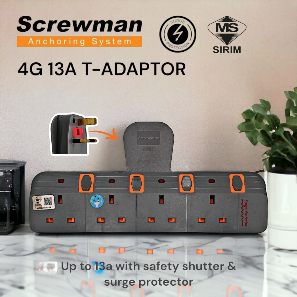 Screwman 4 Way 13a T-Adaptor With Sirim With Safety Shutter & Surge ...
