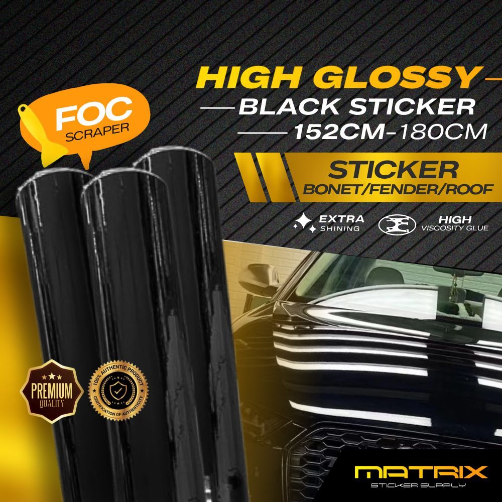 PREMIUM HIGH GLOSSY BLACK STICKER(152CM-185CM)BONET/FENDER/ROOF stiker ...