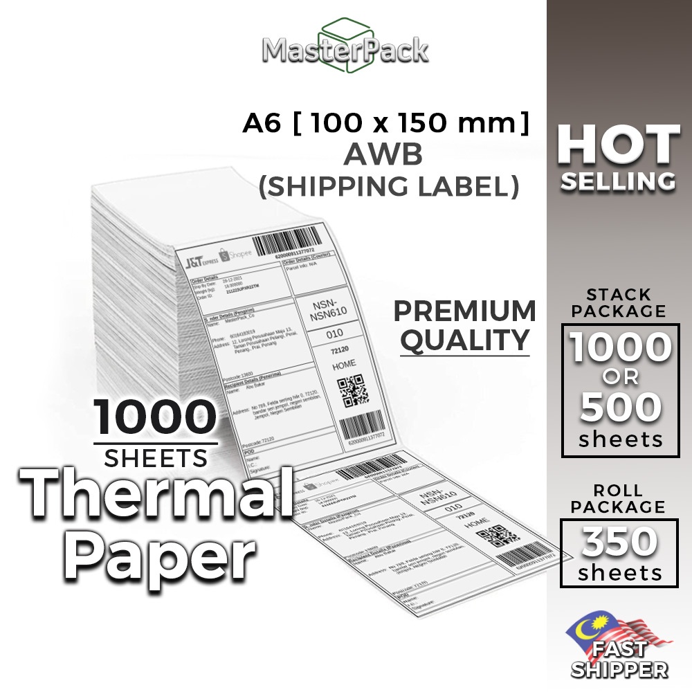 1000 PCS A6 Thermal Sticker Thermal Label Shopee Air Waybill 10 x 15 cm ...