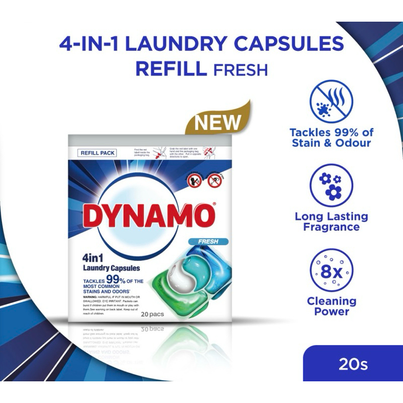 (10ml x 20 Pcs) DYNAMO 4 In 1 Laundry Capsules Fresh Refill | Shopee ...