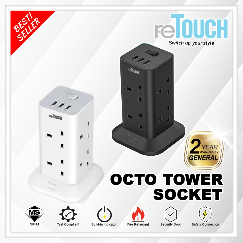 RETOUCH OCTO Tower Socket 13A 3250W ( 8AC Socket, 3 USB Port, 2 Meter ...