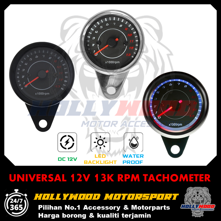 UNIVERSAL MOTORCYCLE RPM TACHOMETER 13000 12V WITH BUILT IN LED ...