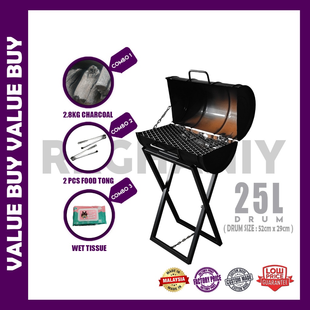 BBQ Grill Outdoor Drum Set Tong Drum 25L BBQ Set Complete With Grill Net Medium Size (Full Set ...
