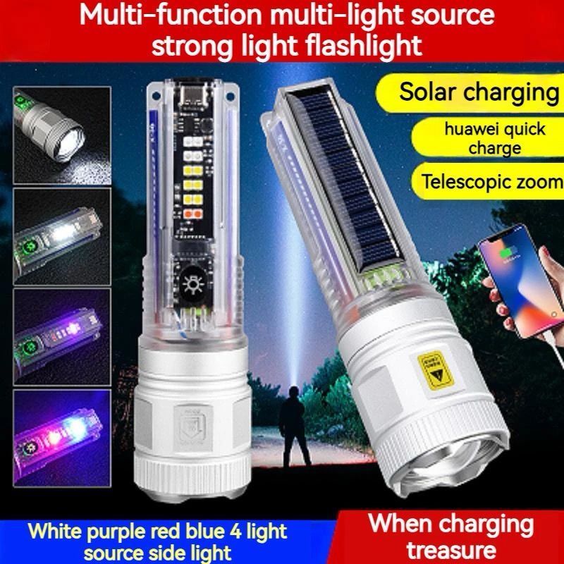Zooming Flashlight XHP50 30W LED 7 Modes Ultraviolet USB C Solar ...