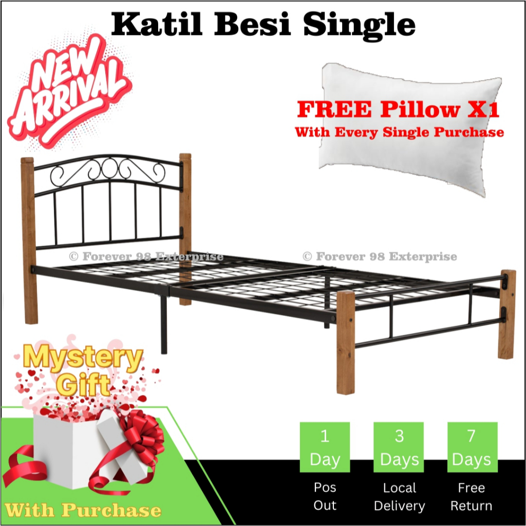 ( Tambah Packing ) KD 15 Solid Wood Pole Single Bed Metal Bed Katil ...