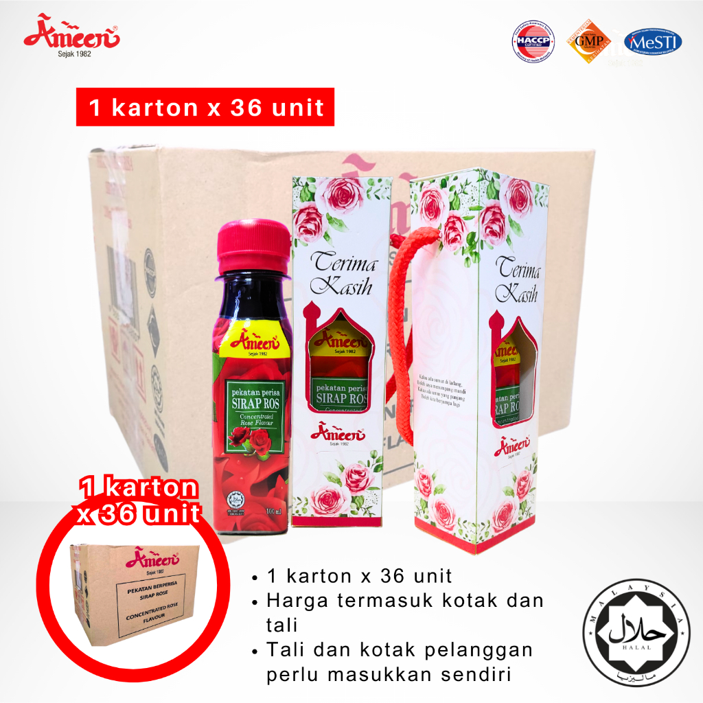 AMEEN Doorgift Wedding Berkotak Sirap Ros 100ml (36 botol x1 karton ...