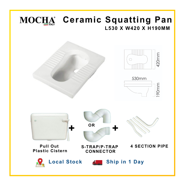 MOCHA 530mm Premium Local FULL SET White Ceramic Squatting Pan with PVC ...
