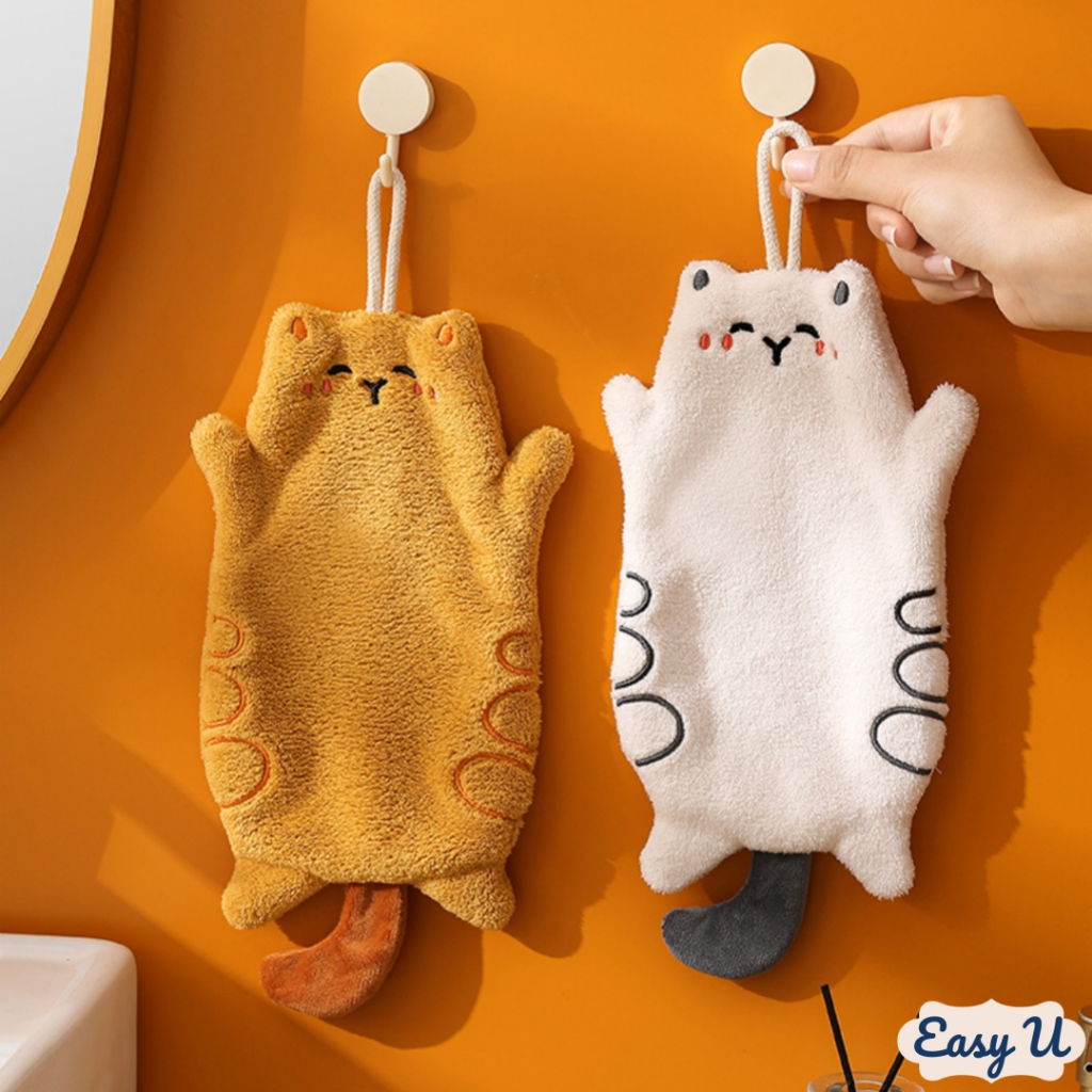 Cute Cat Coral Velvet Hanging Hand Towel Kitchen Towel Tuala Tangan ...