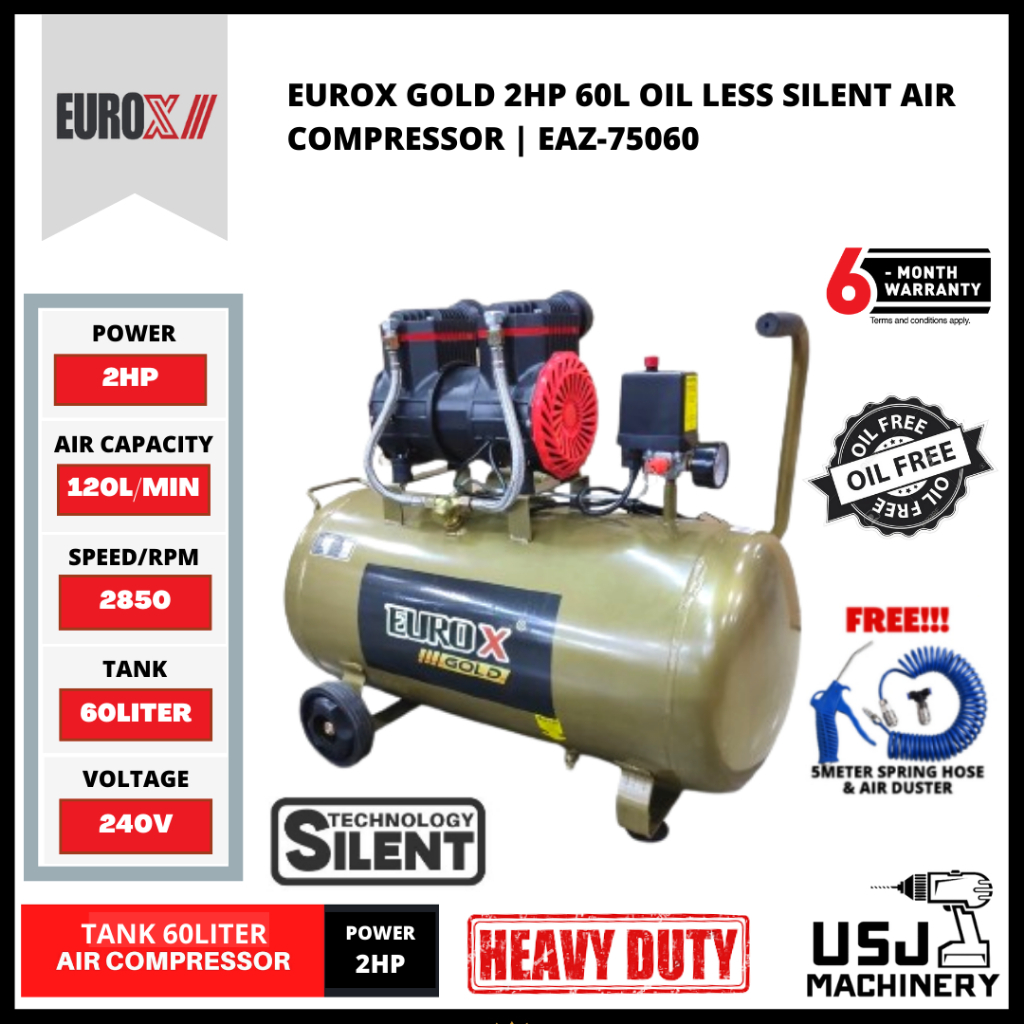 Eurox Gold 2HP 60L Oil Less Silent Air Compressor EAZ-75060 - 8Bar & 120L/min Air Flow - 6 ...