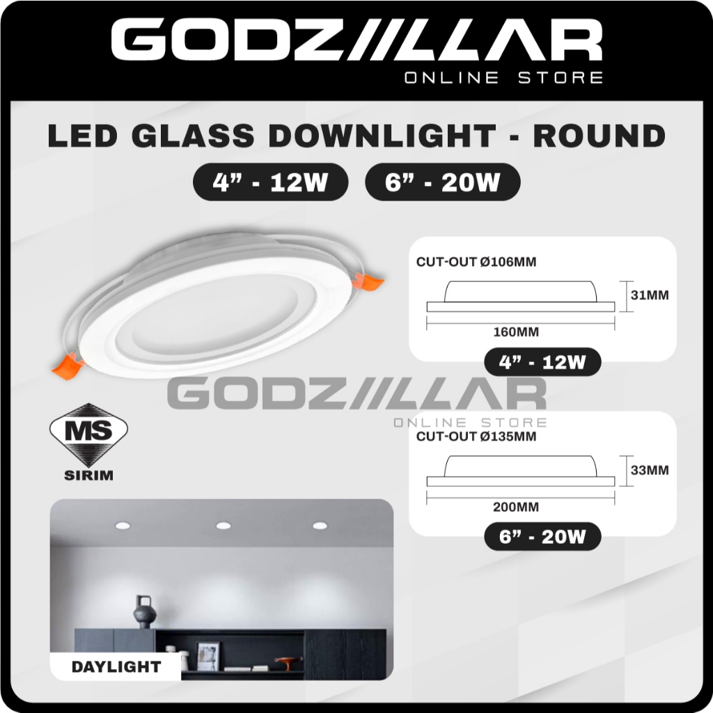 (Sirim) LED Glass Downlight Round Square 24W 20W 12W 6" 4" Recessed ...