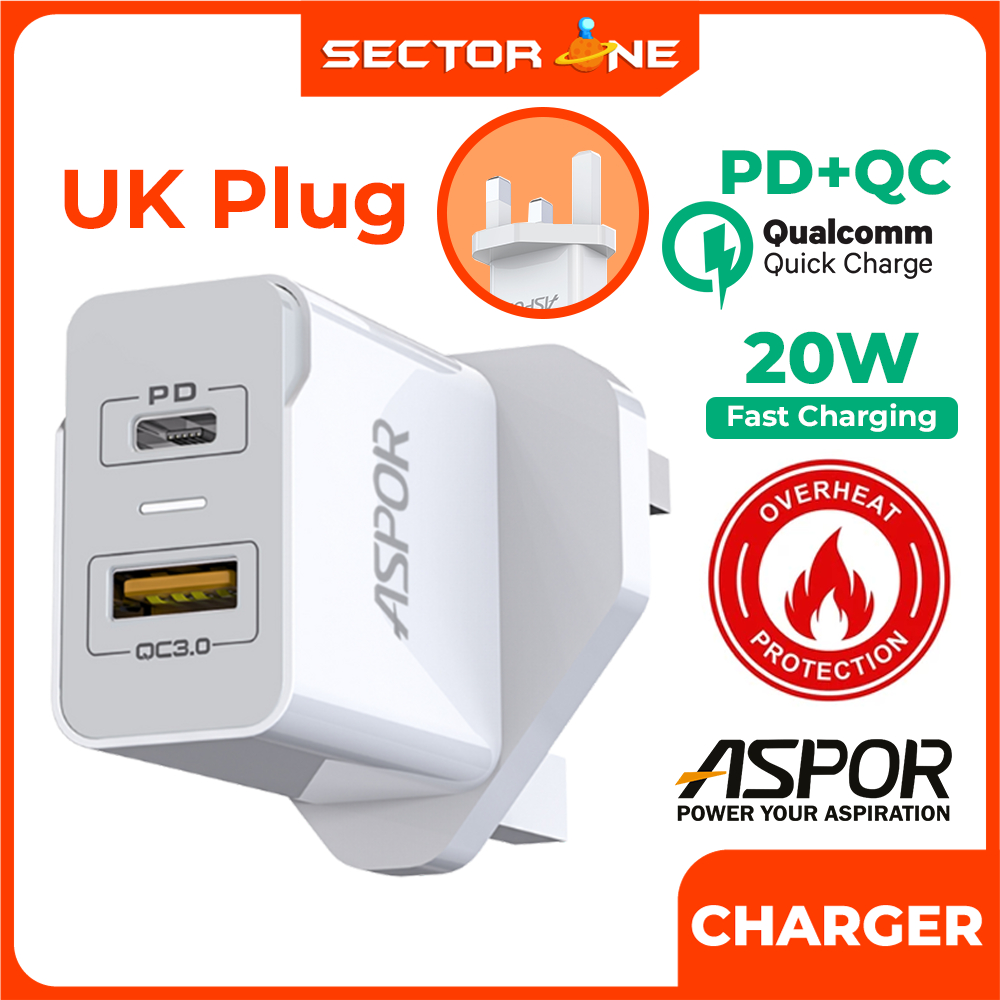ASPOR 20W PD+QC3.0 Dual Port USB Type C Fast Charging UK Wall Plug Travel Charger Adaptor with ...