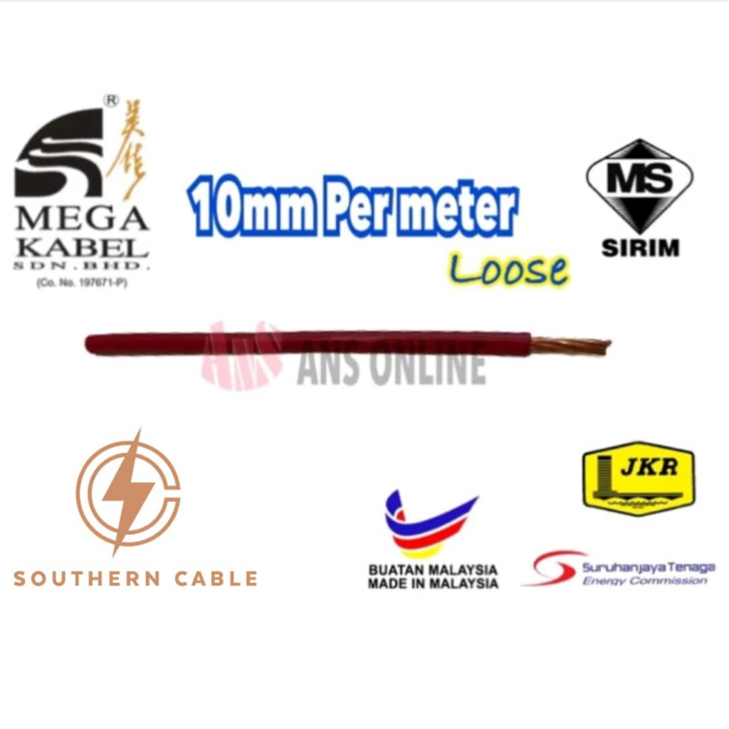 (LOOSE) MEGA KABEL SOUTHERN 10MM ² Insulated Cable (Red/Yellow/Blue ...