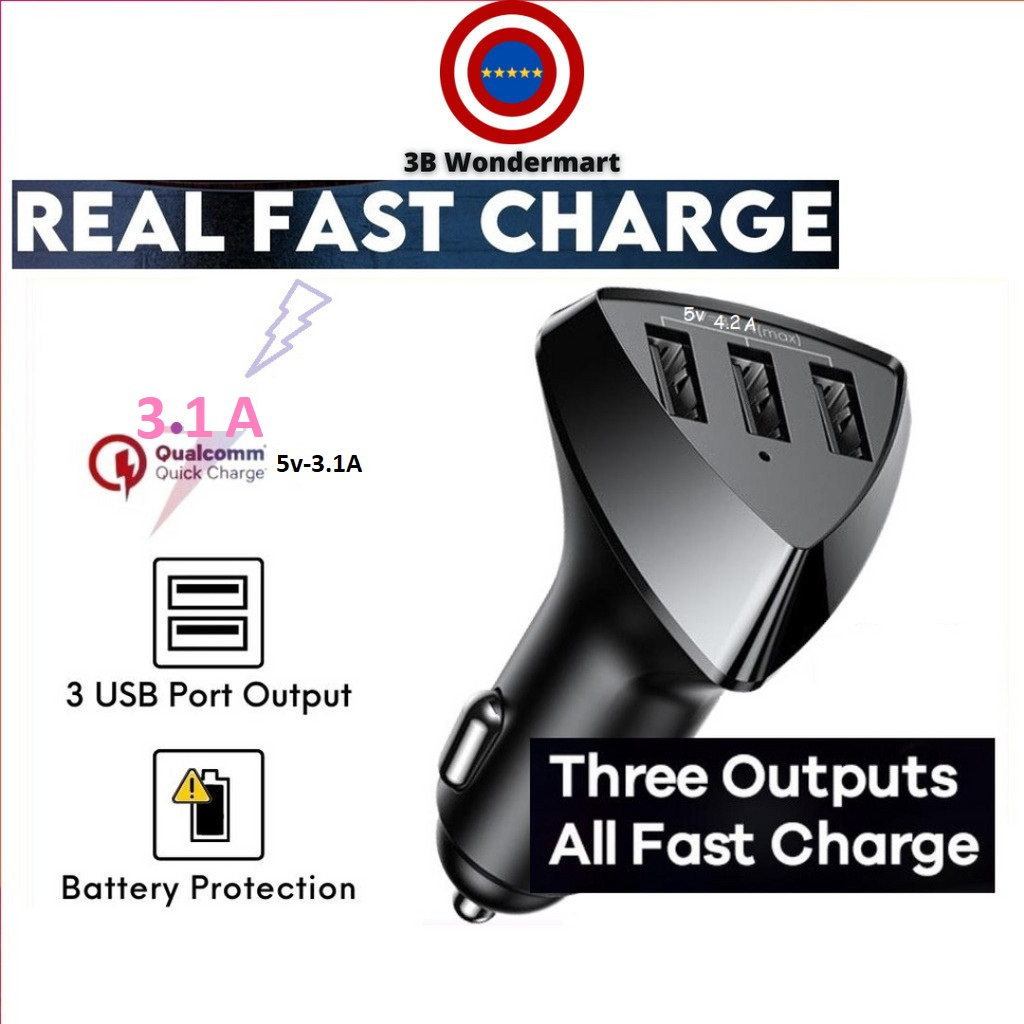 3 USB Port Fast Charging Car Charger 3.1A Hi-Speed In-Car Adapter Phone ...