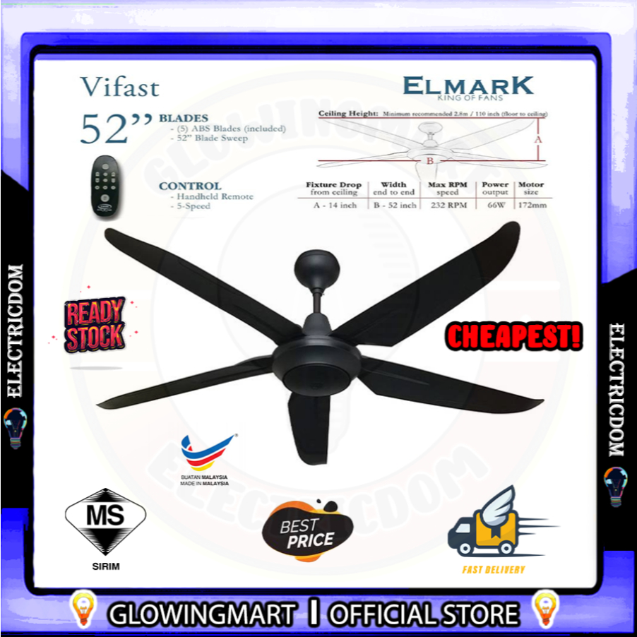 Elmark 52" Vifast ABS Blades 5 Speed Remote Control Ceiling Fan Kipas ...