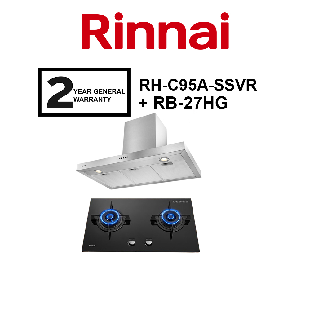 Rinnai Cooker Hood RH-C95A-SSVR / RHC95ASSVR 90cm Chimney Hood with 3 Speed Settings + 2-Burner ...