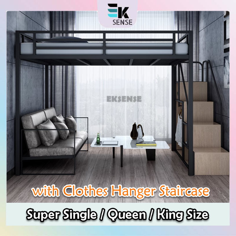Duplex Bed Frame Metal Loft Bed with Clothes Hanger Staircase Rangka ...
