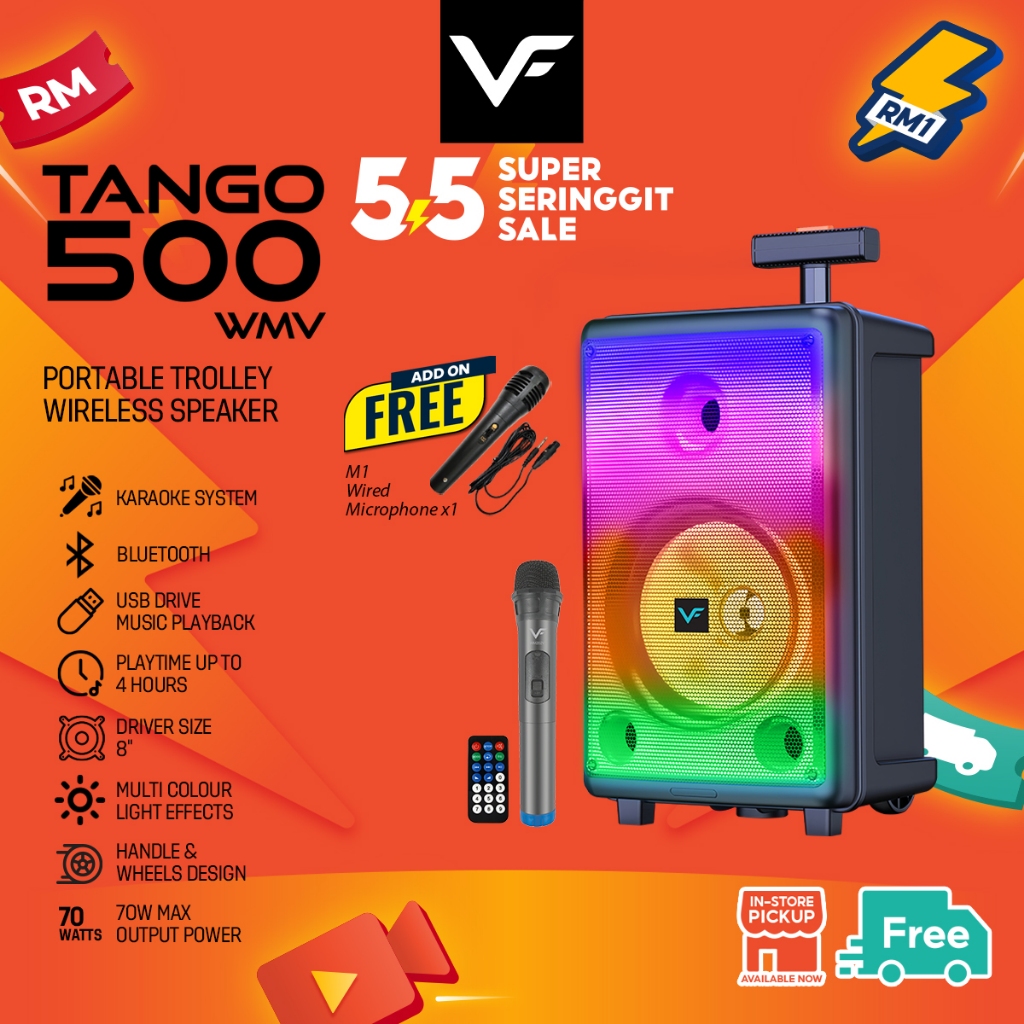 Vinnfier VF Tango 500 WMV Portable Karaoke bluetooth speaker 70W Stereo Sound LED Lights ...